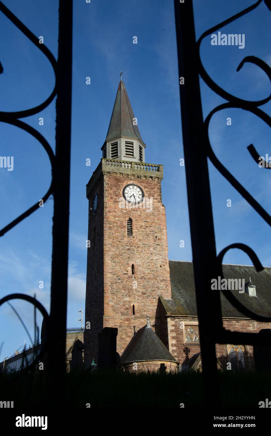 The tower of the Old High Church seen through the railings, Inverness ...