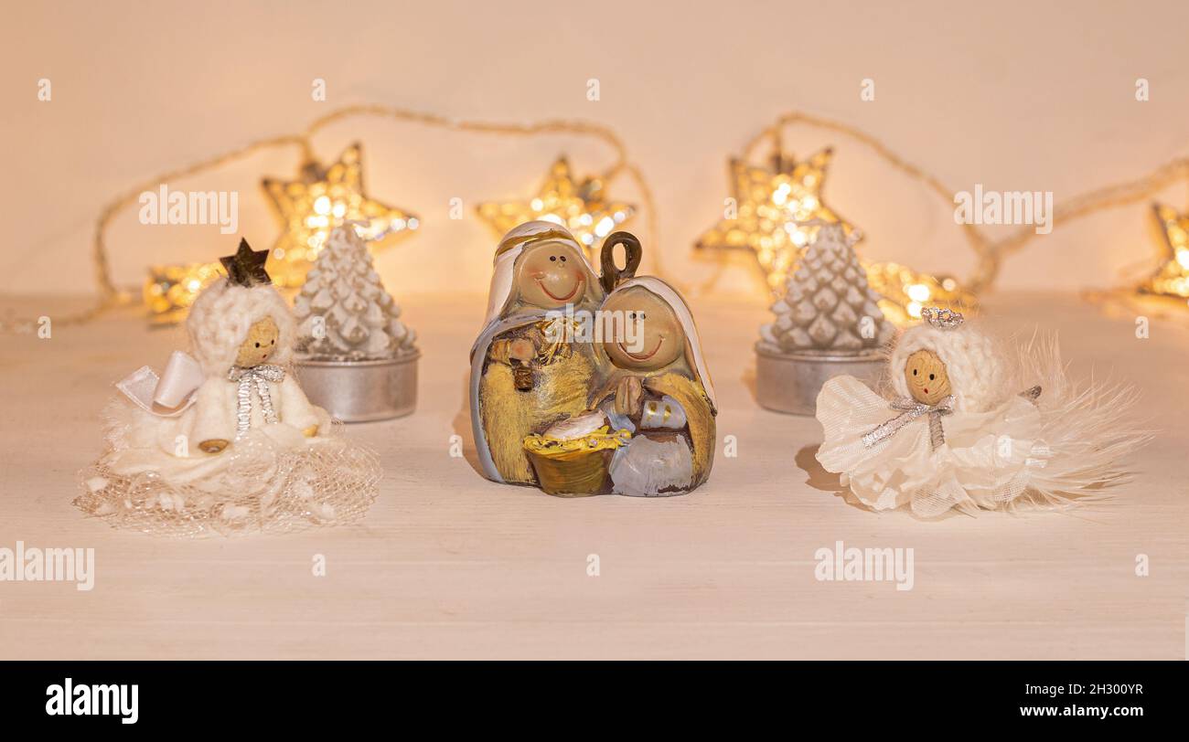christmas festive scenery showing the Holy Family with 2 handcrafted ...