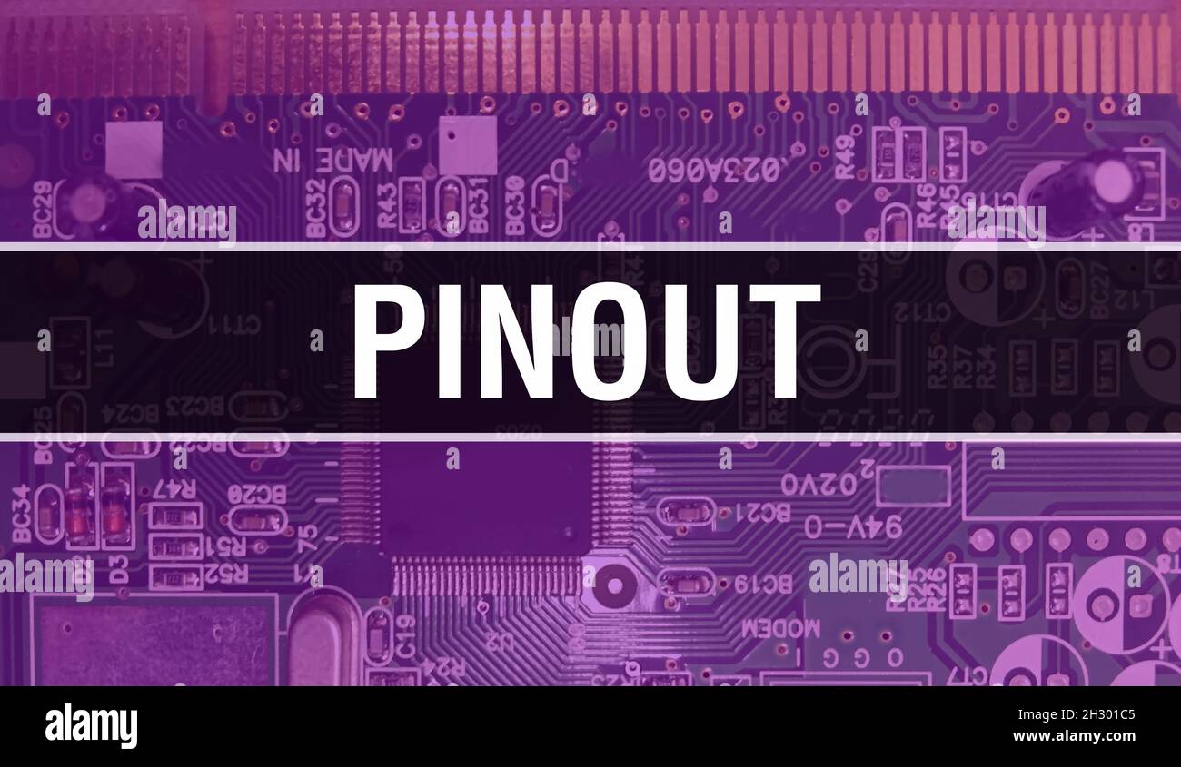 Pinout concept with Computer motherboard. Pinout text written on ...