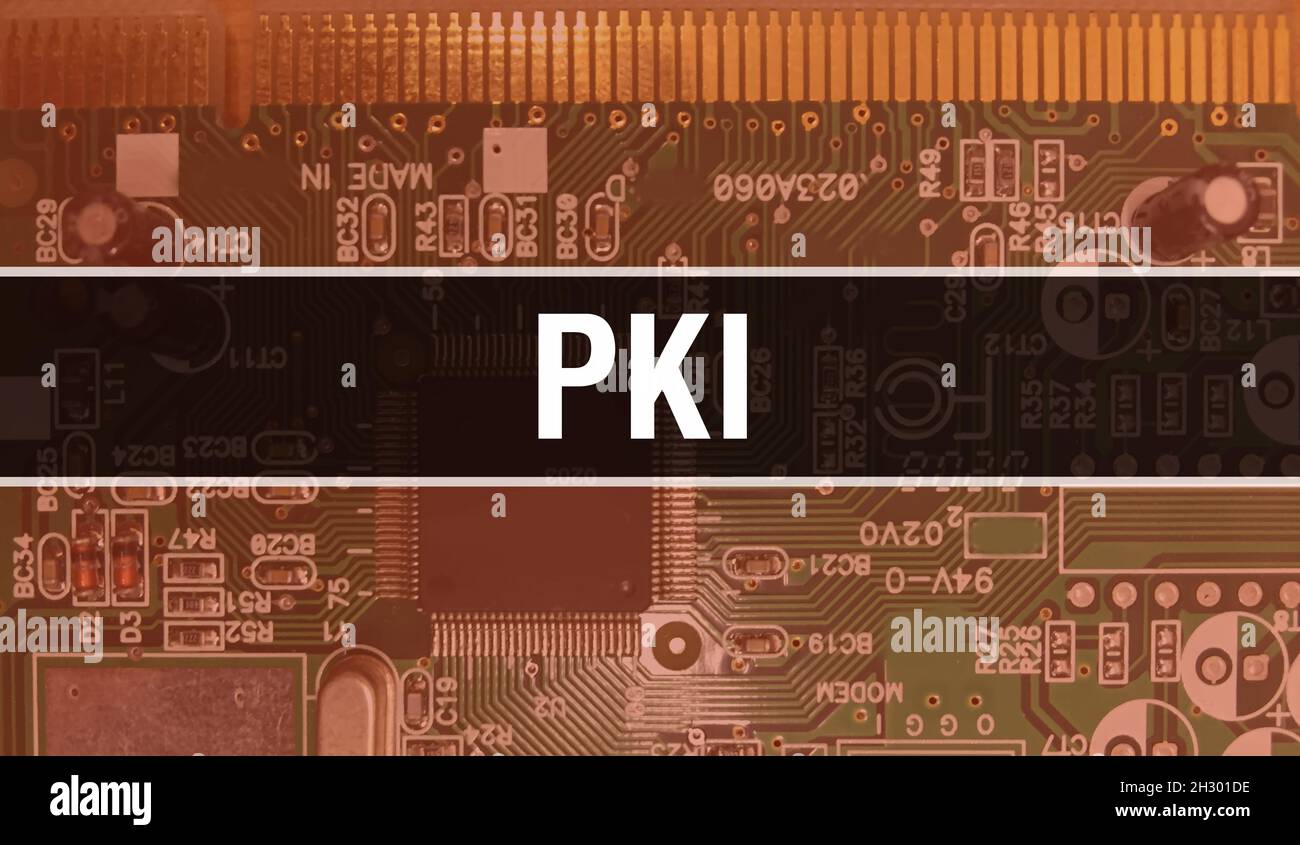 PKI concept with Computer motherboard. PKI text written on Technology ...