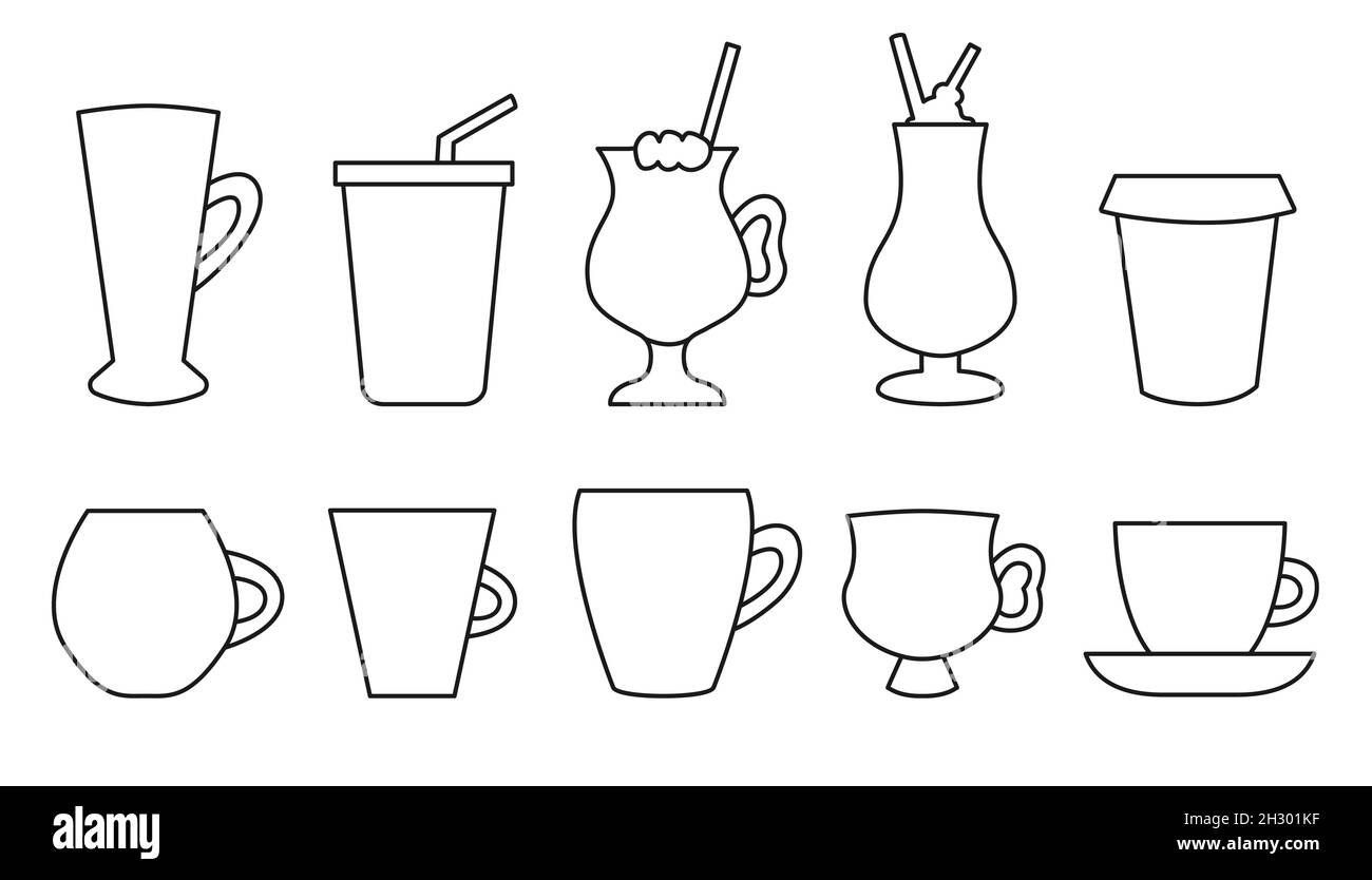 Cup and glasses with drink slow and high shape, line, outline contour ...