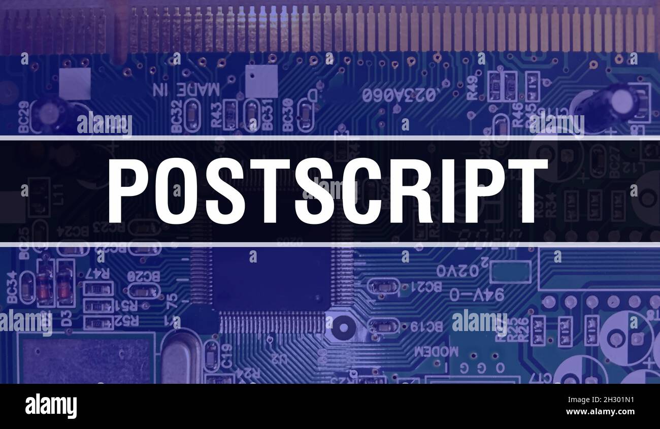 PostScript concept with Computer motherboard. PostScript text written ...
