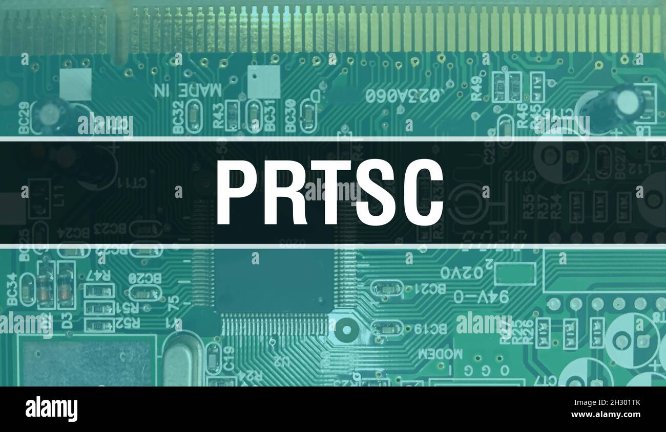 PRTSC concept with Computer motherboard. PRTSC text written on Technology Motherboard Digital ...