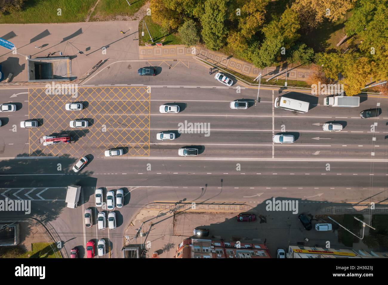 Aerial top view of crossroads with car traffic, modern urban ...