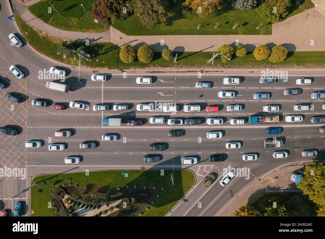 Aerial top view of crossroads with car traffic, modern urban ...