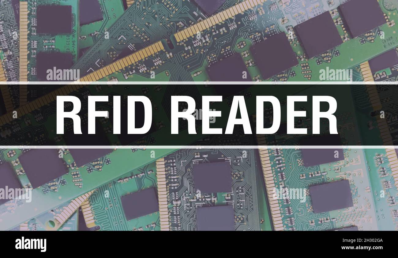 RFID Reader concept with Electronic Integrated Circuit on circuit board. RFID Reader with ...