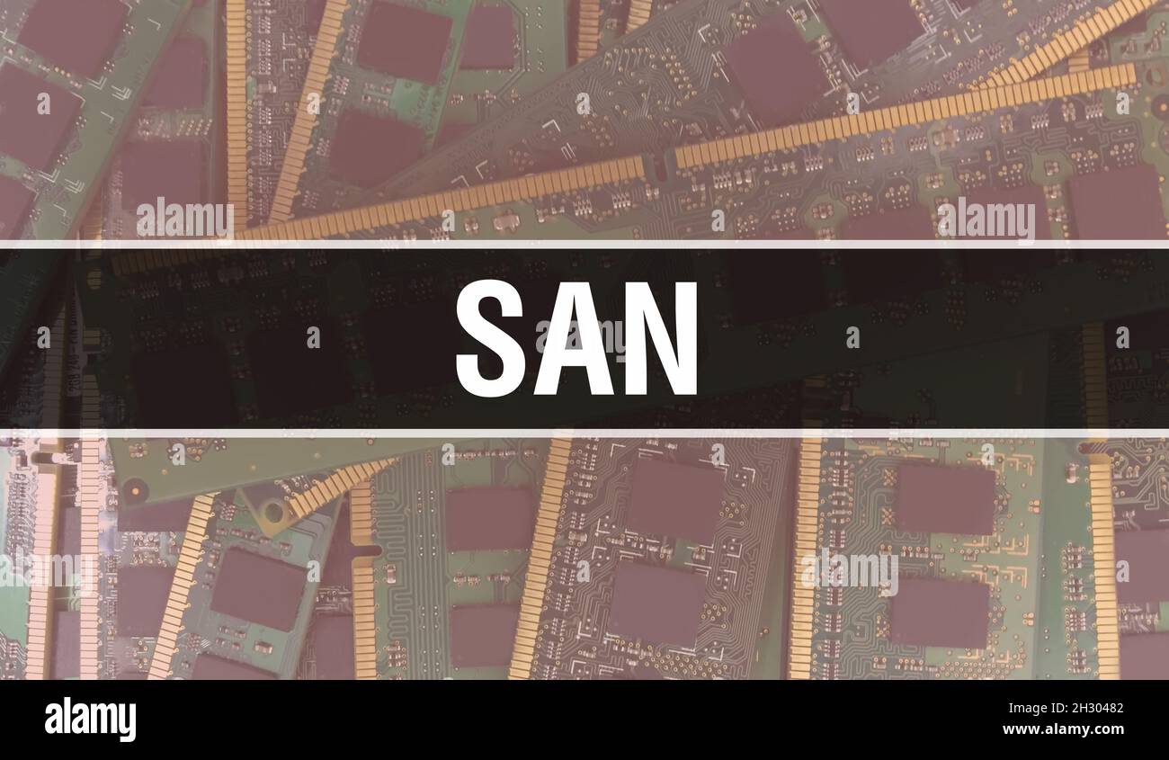 SAN concept illustration using Computer Chip in Circuit Board. SAN ...