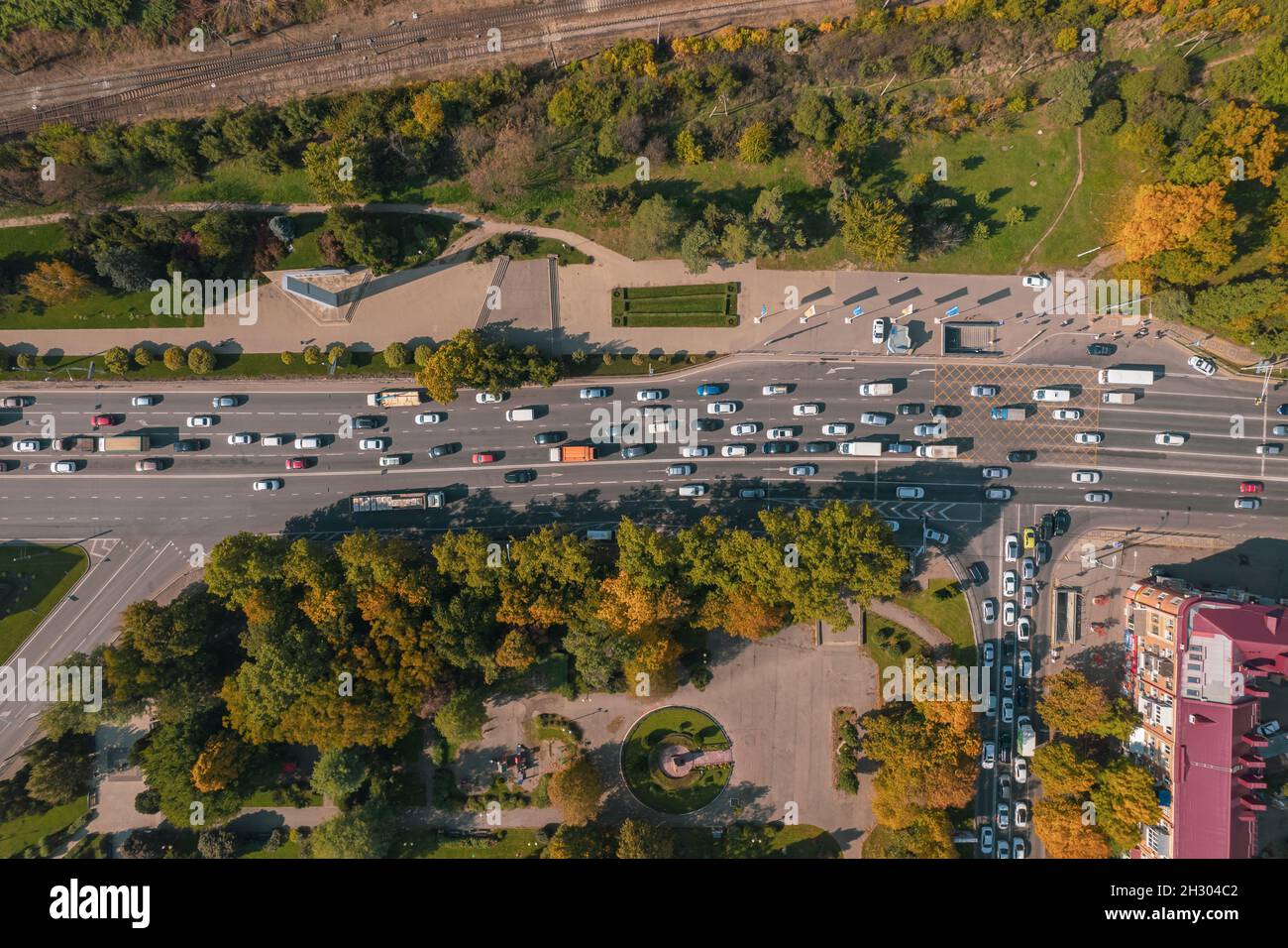 Aerial top view of crossroads with car traffic, modern urban ...