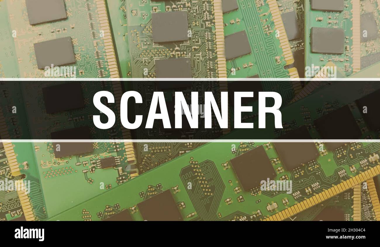 Scanner concept with Computer motherboard. Scanner text written on ...