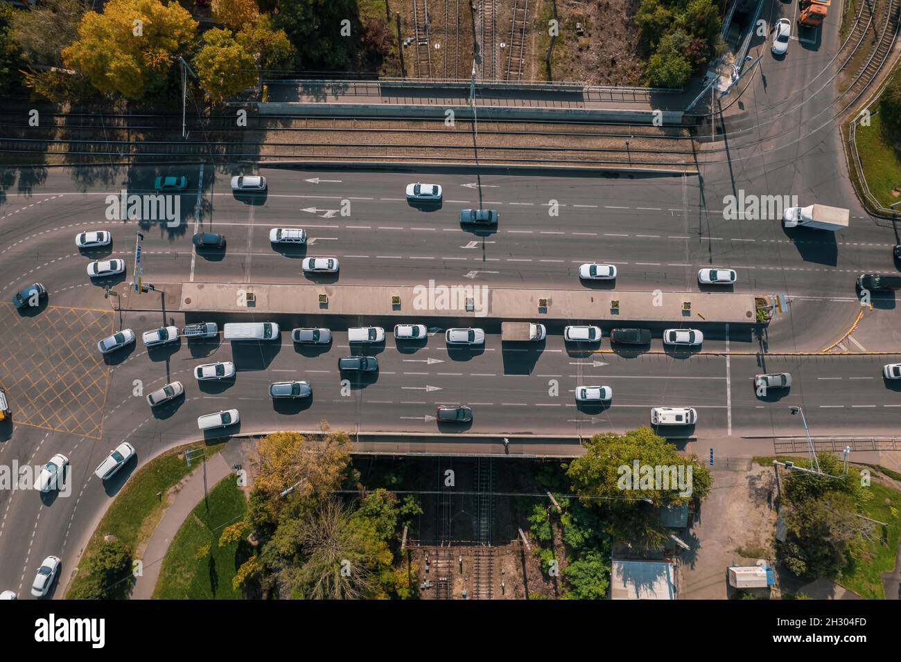 Aerial top view of crossroads with car traffic, modern urban ...