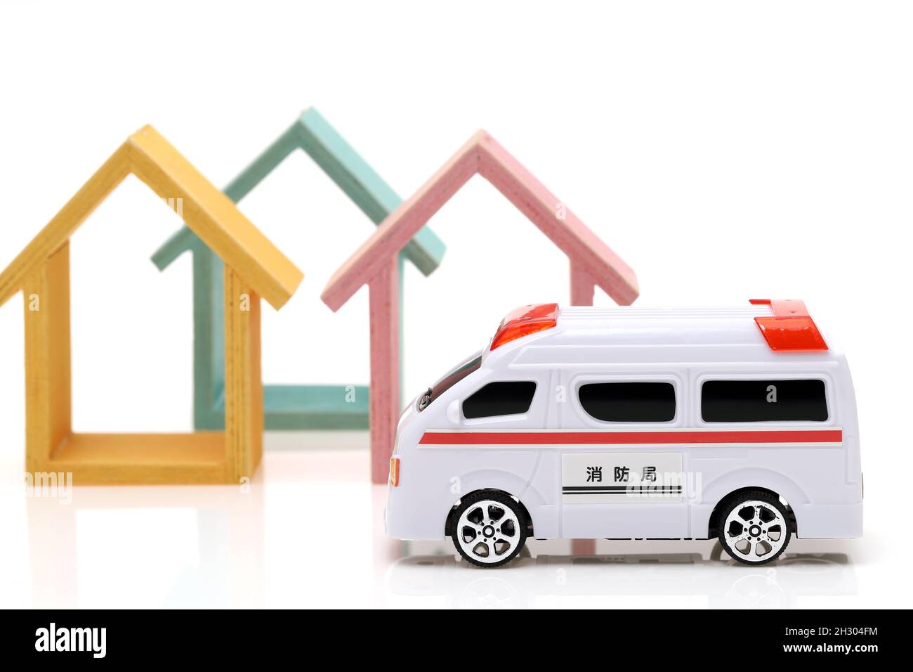 Japanese toy ambulance car isolated on white background, Translation ...