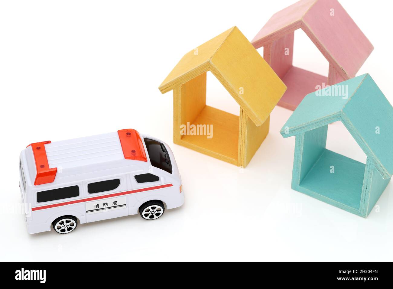 Japanese toy ambulance car isolated on white background, Translation ...