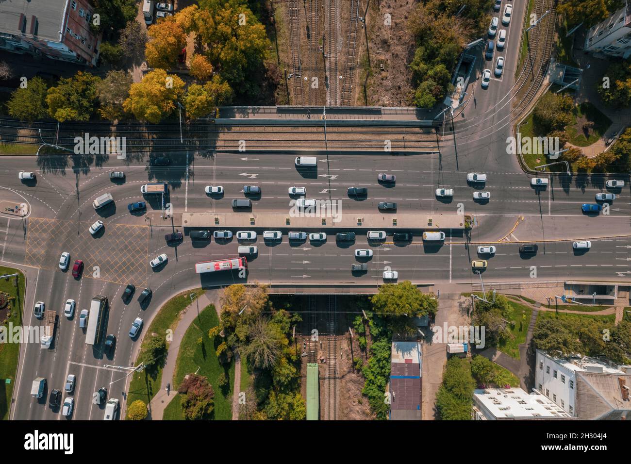 Aerial top view of crossroads with car traffic, modern urban ...