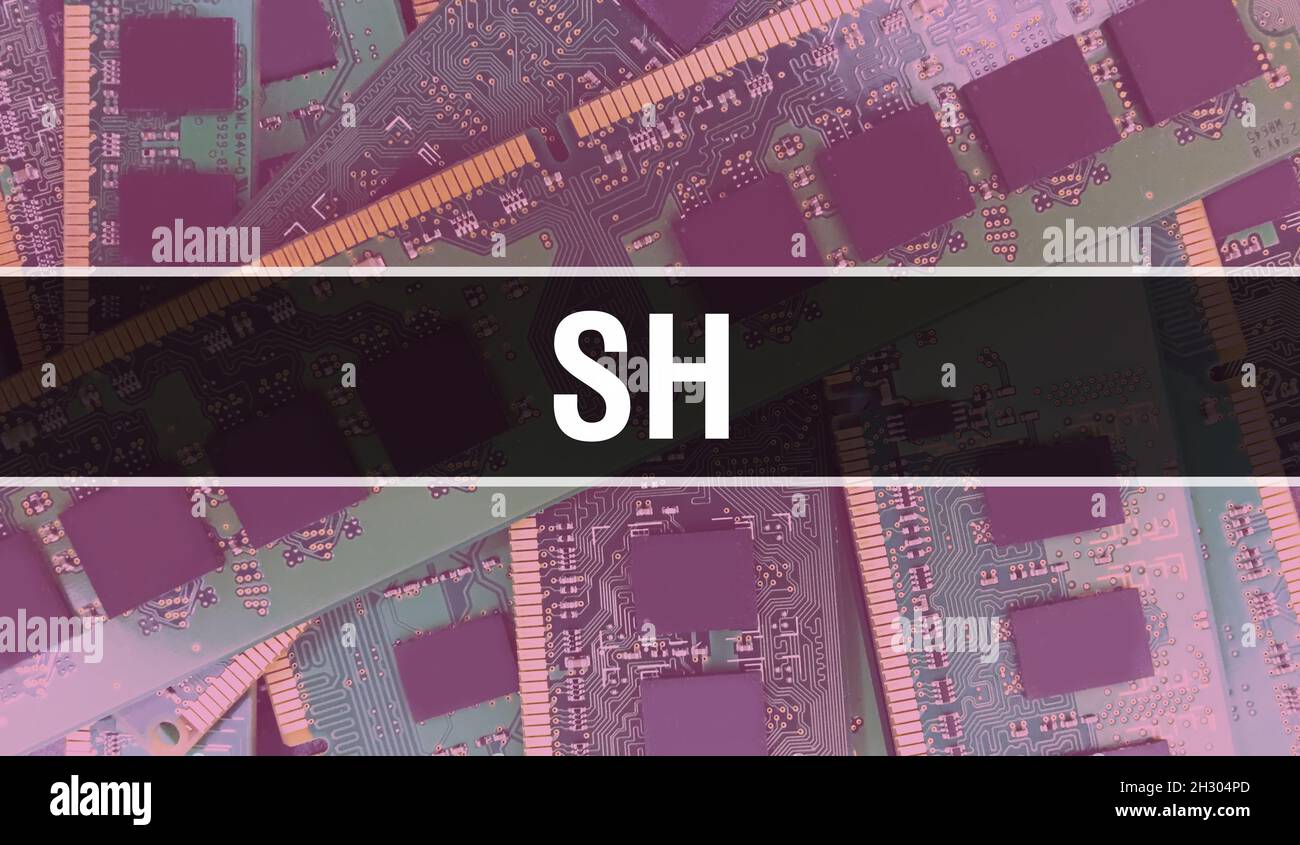 sh concept illustration using Computer Chip in Circuit Board. sh close ...