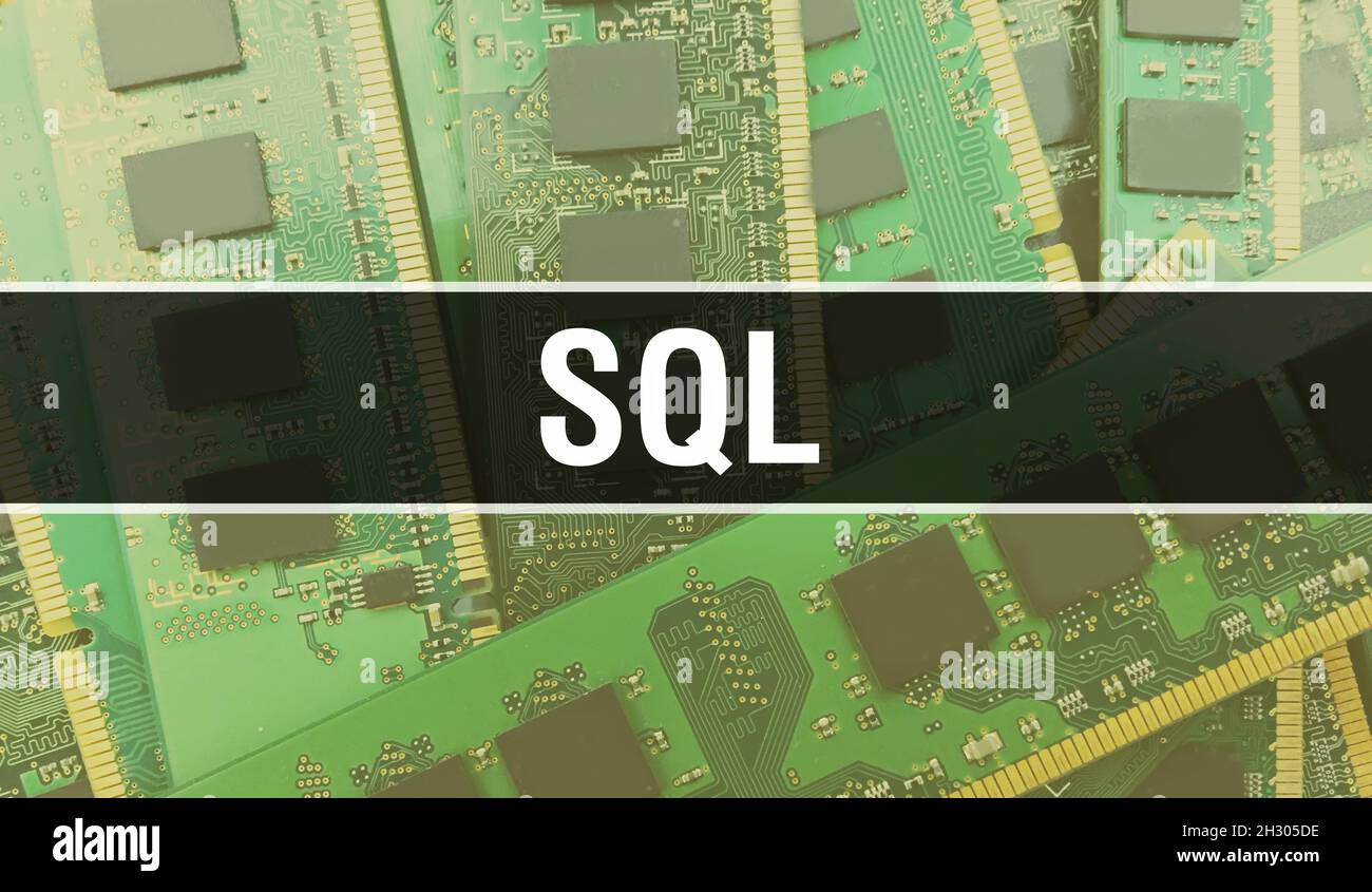 SQL concept with Computer motherboard. SQL text written on Technology ...