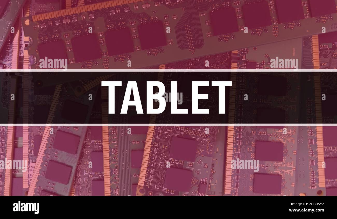 Tablet concept with Computer motherboard. Tablet text written on ...