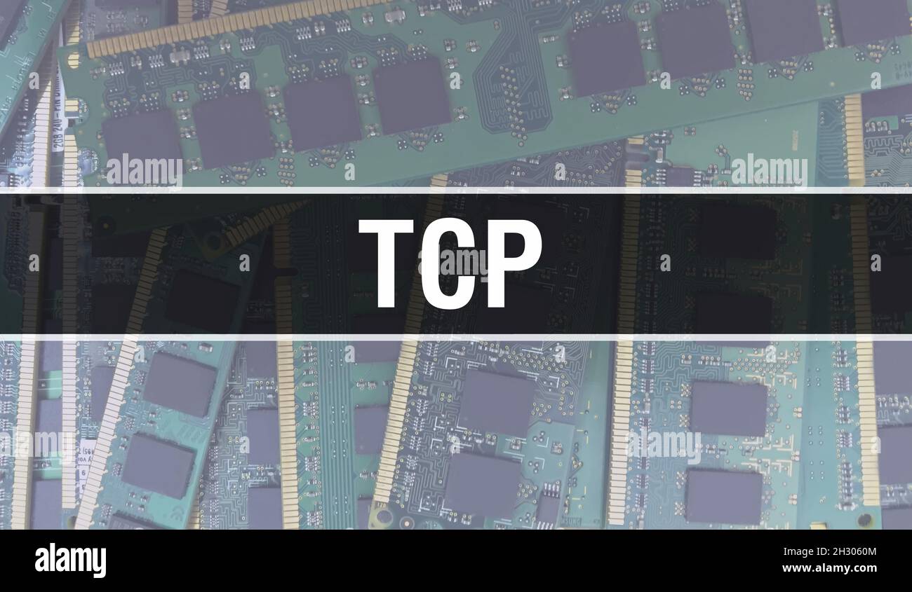 TCP concept with Computer motherboard. TCP text written on Technology ...