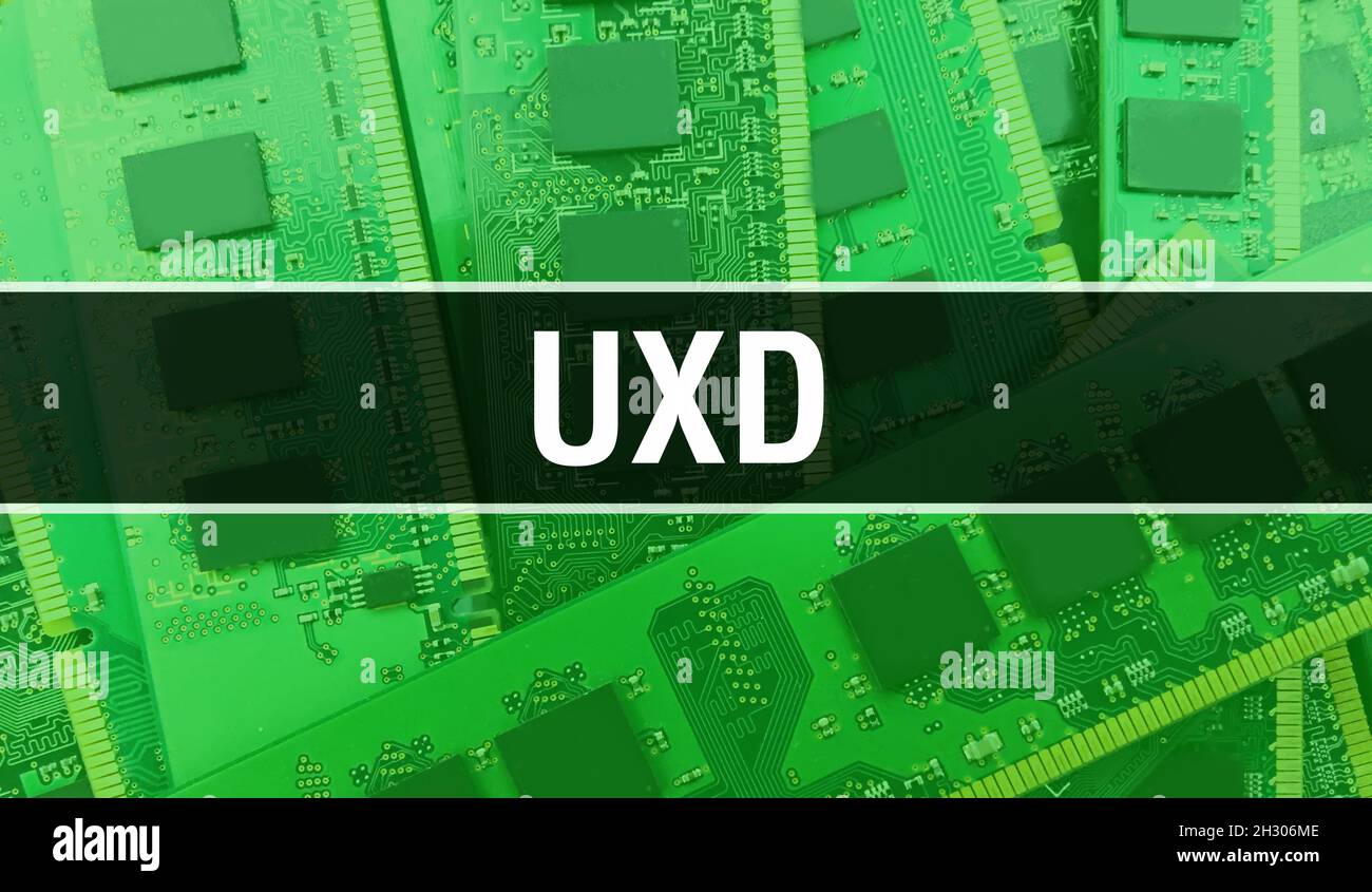 UXD concept with Computer motherboard. UXD text written on Technology ...
