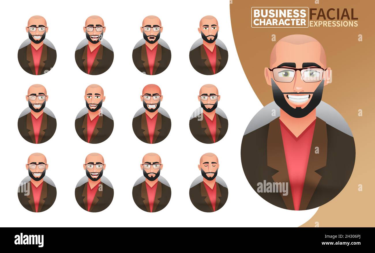 Businessman facial expressions vector set. Business man bald boss ...
