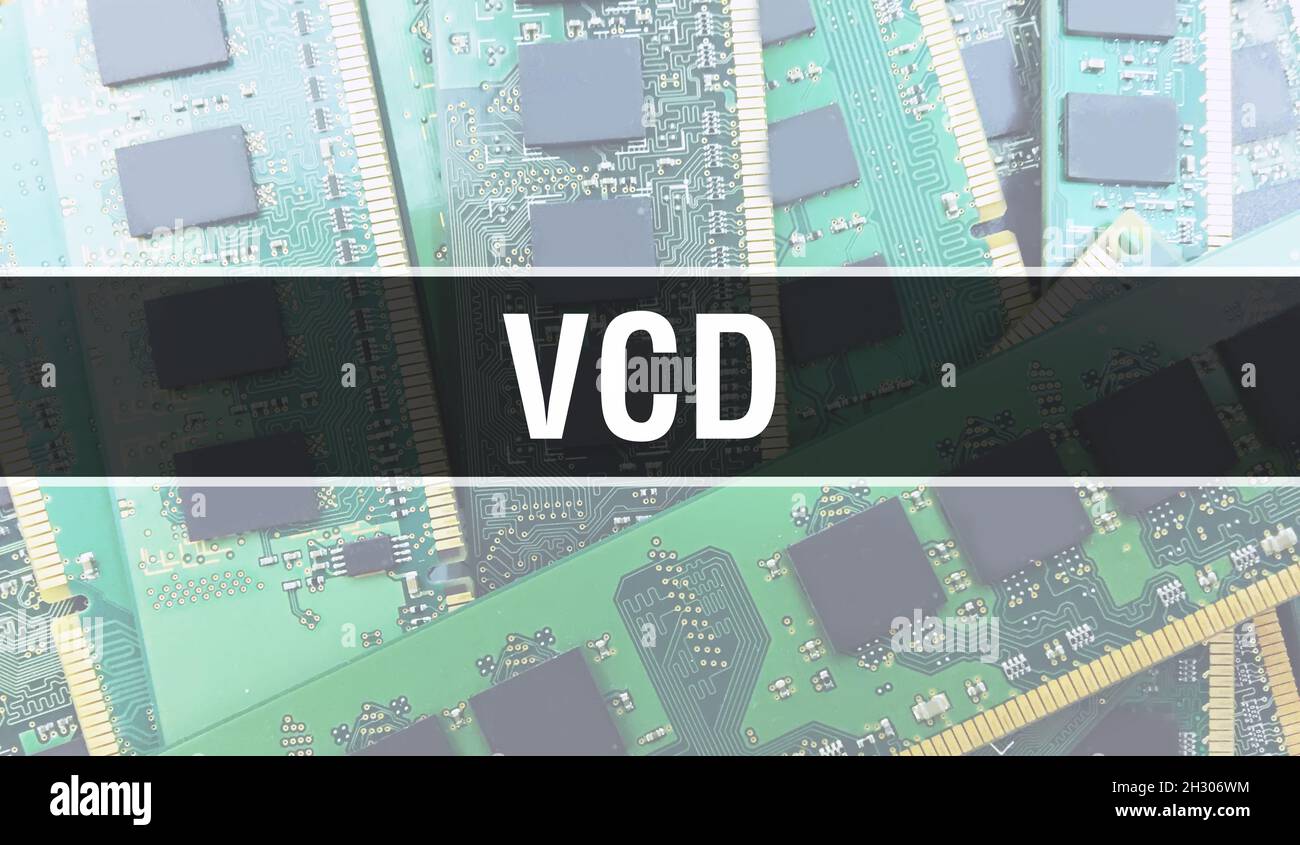 VCD concept with Computer motherboard. VCD text written on Technology ...