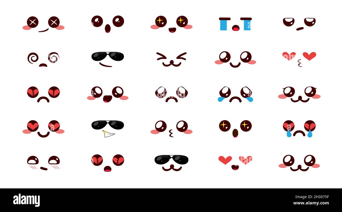 Smiley kawaii emoji vector set. Emoticon cute chibi smileys cartoon in ... Smiley kawaii emoji vector set. Emoticon cute chibi smileys cartoon in ...