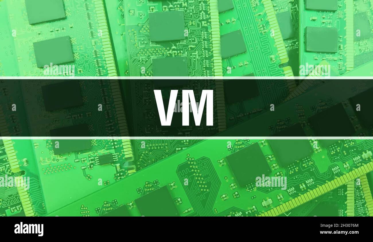 VM concept with Computer motherboard. VM text written on Technology ...