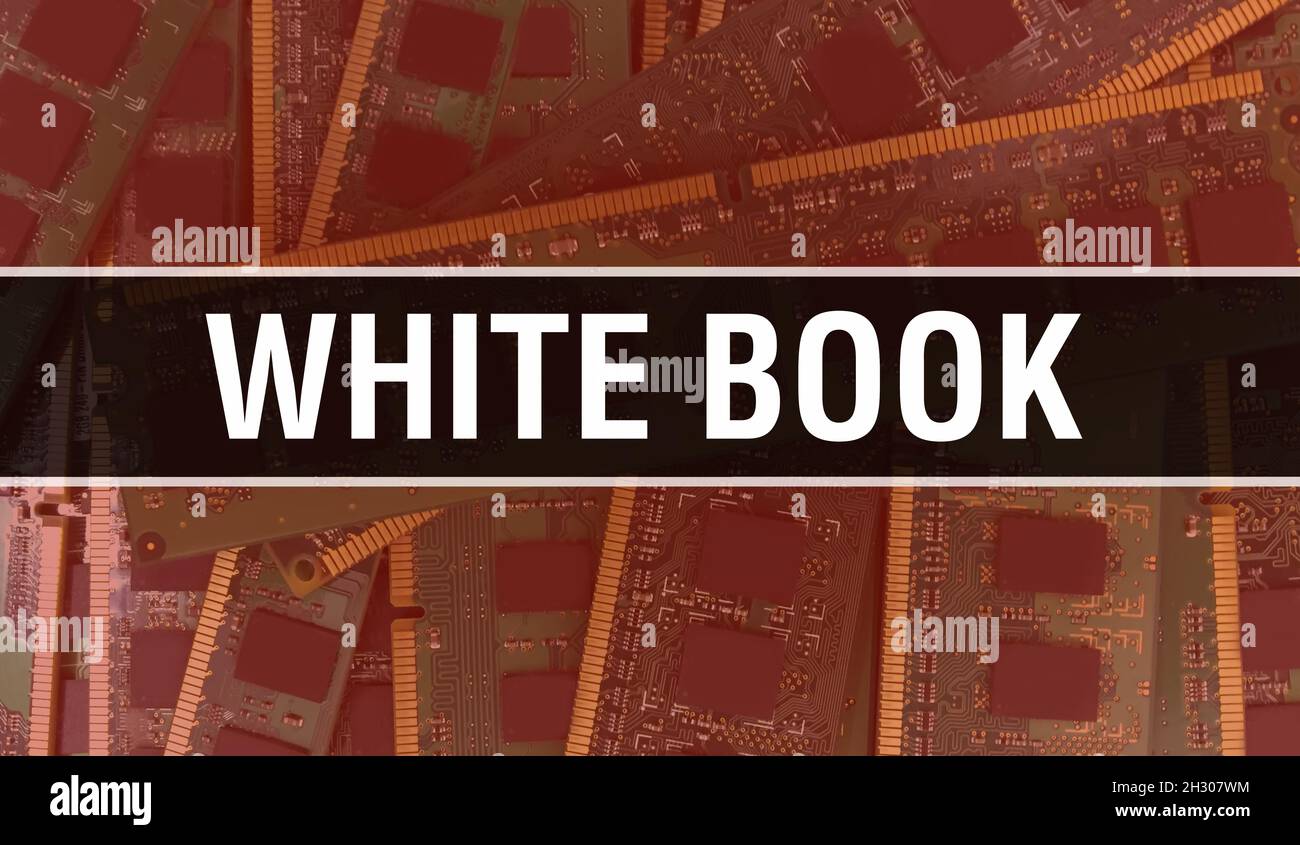 White Book concept with Computer motherboard. White Book text written ...