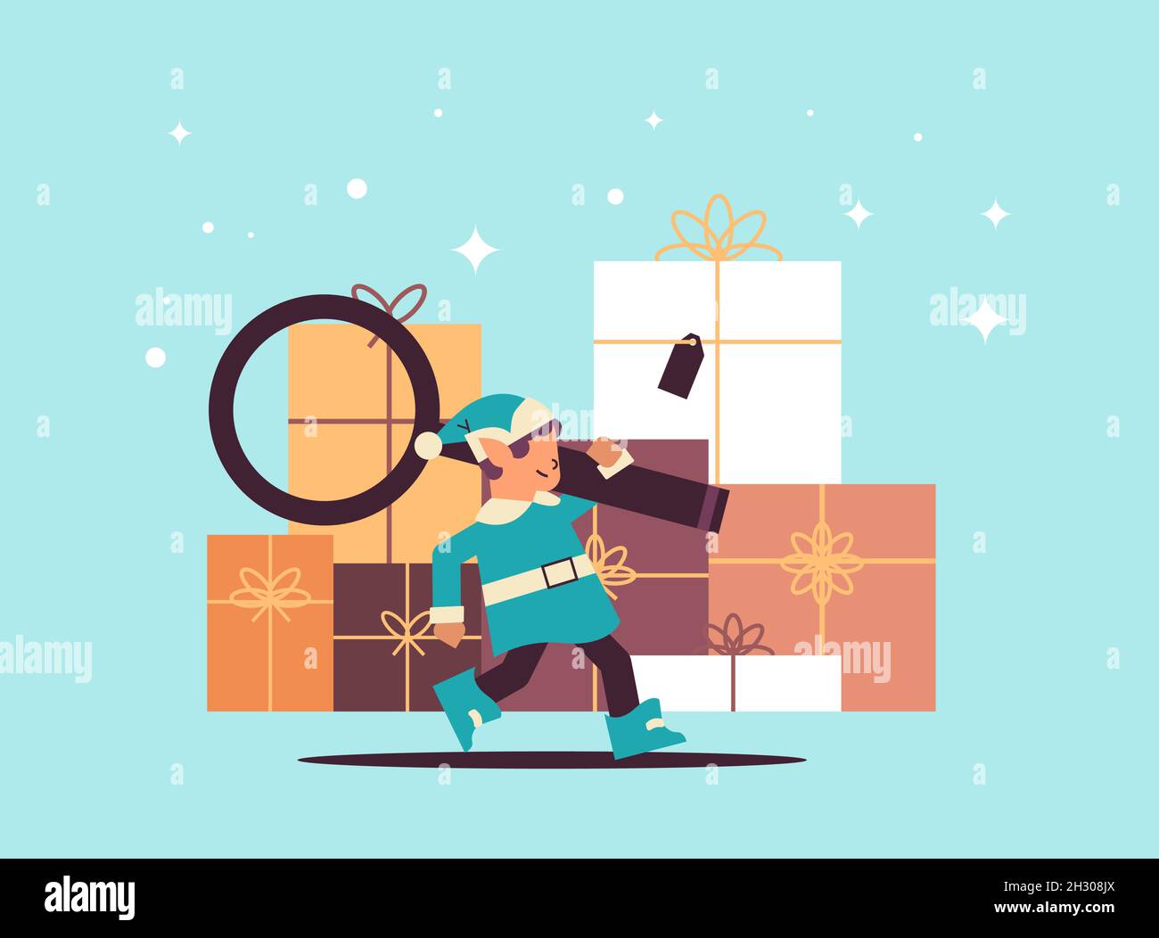 elf holding magnifying glass santa helper preparing for new year and ...
