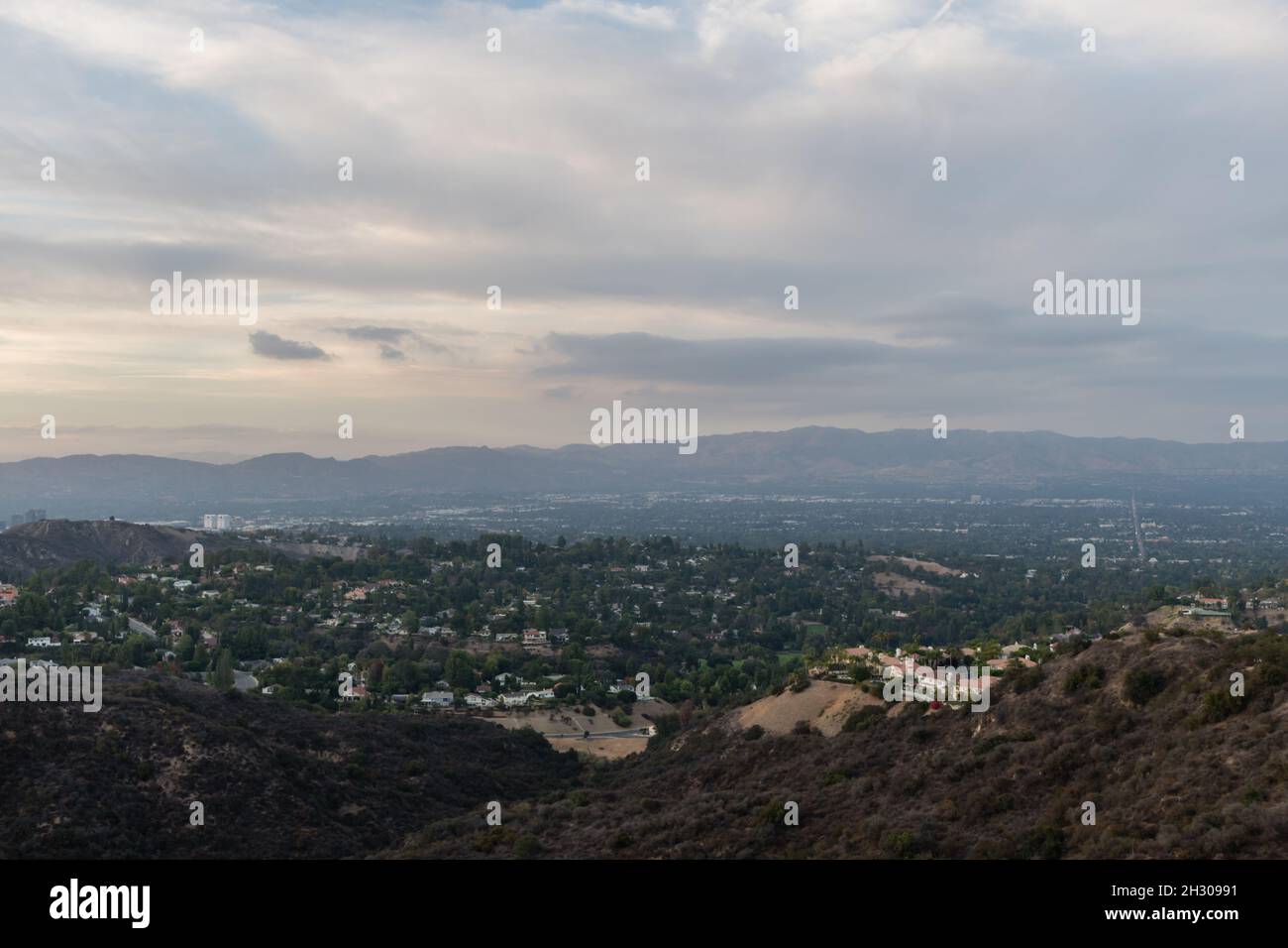 Scenic aerial panoramic San Fernando Valley vista at sunset, Los ...