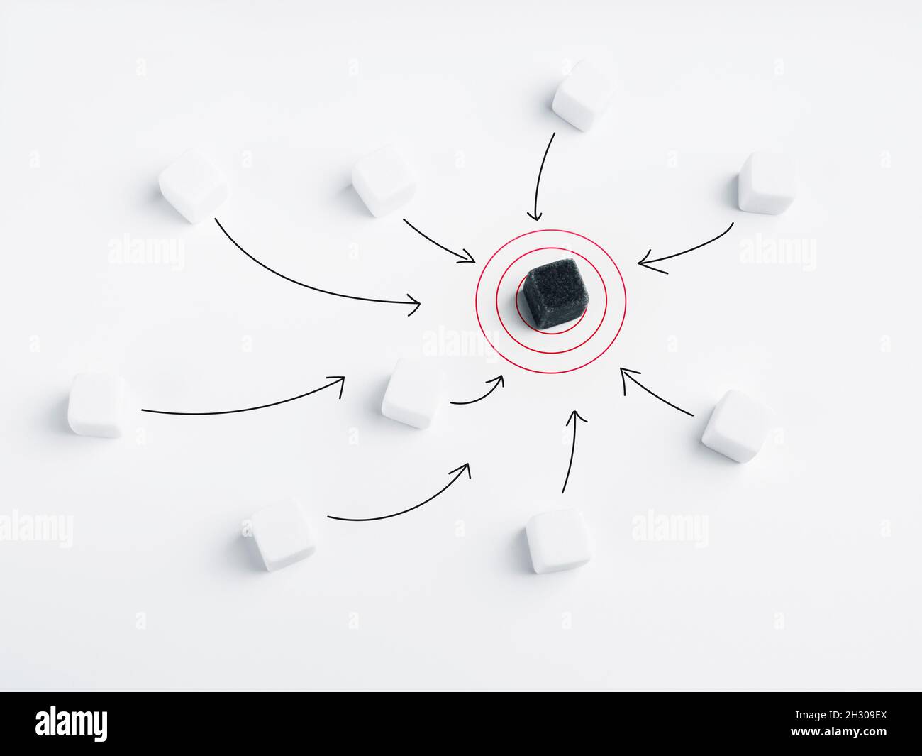 The black dice at the center of the red target. The white dice with ...