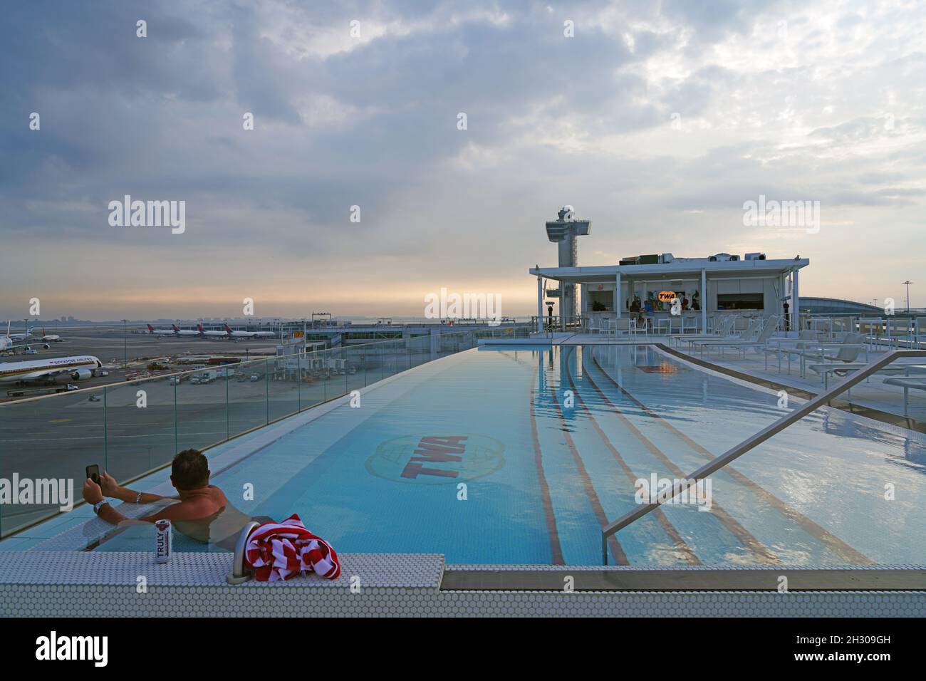 NEW YORK -8 OCT 2021- View of the swimming pool on the roof of the TWA ...