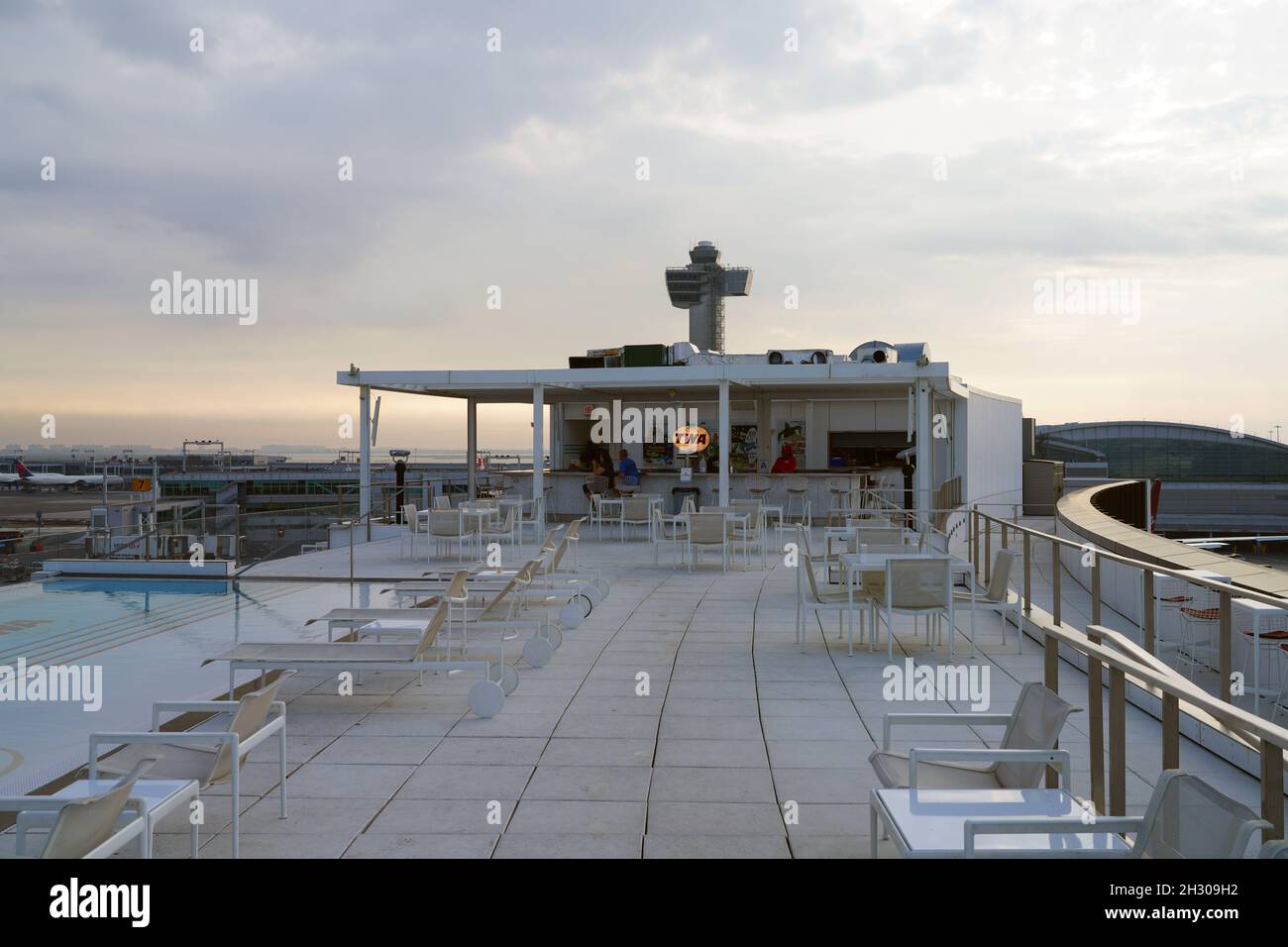 NEW YORK -8 OCT 2021- View of the swimming pool on the roof of the TWA ...
