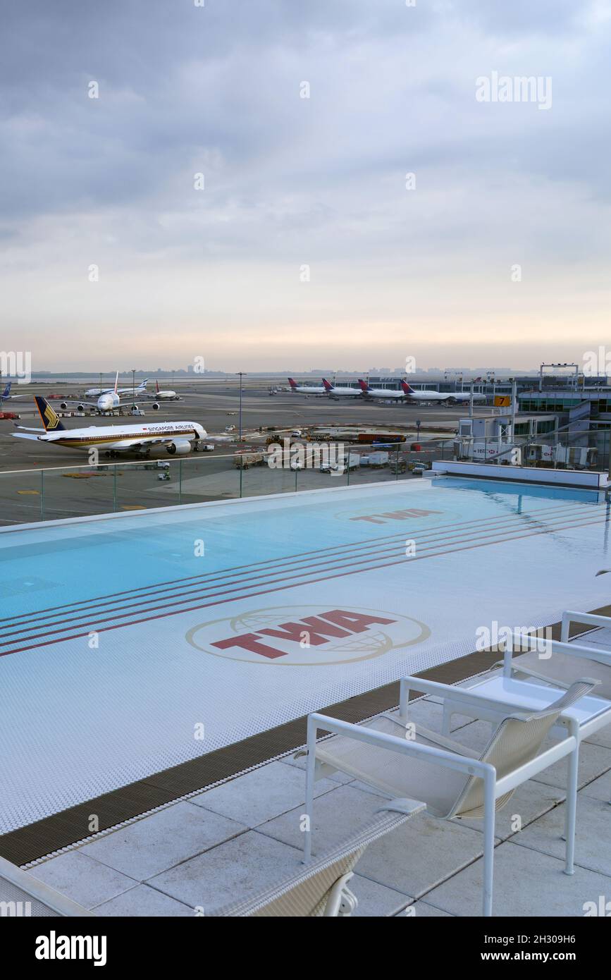 NEW YORK -8 OCT 2021- View of the swimming pool on the roof of the TWA ...