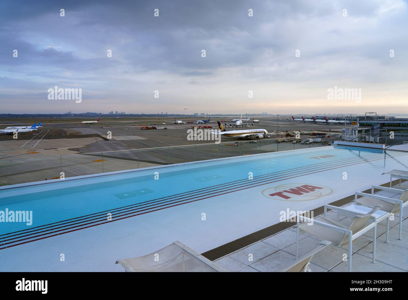 NEW YORK -8 OCT 2021- View of the swimming pool on the roof of the TWA ...