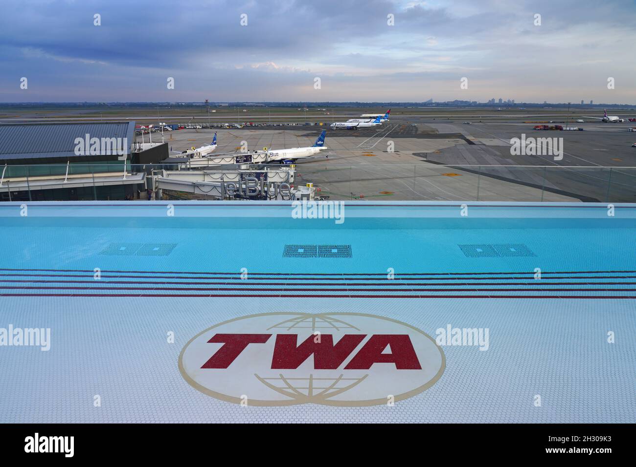 NEW YORK -8 OCT 2021- View of the swimming pool on the roof of the TWA ...