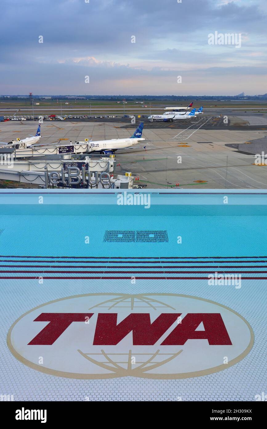 NEW YORK -8 OCT 2021- View of the swimming pool on the roof of the TWA ...