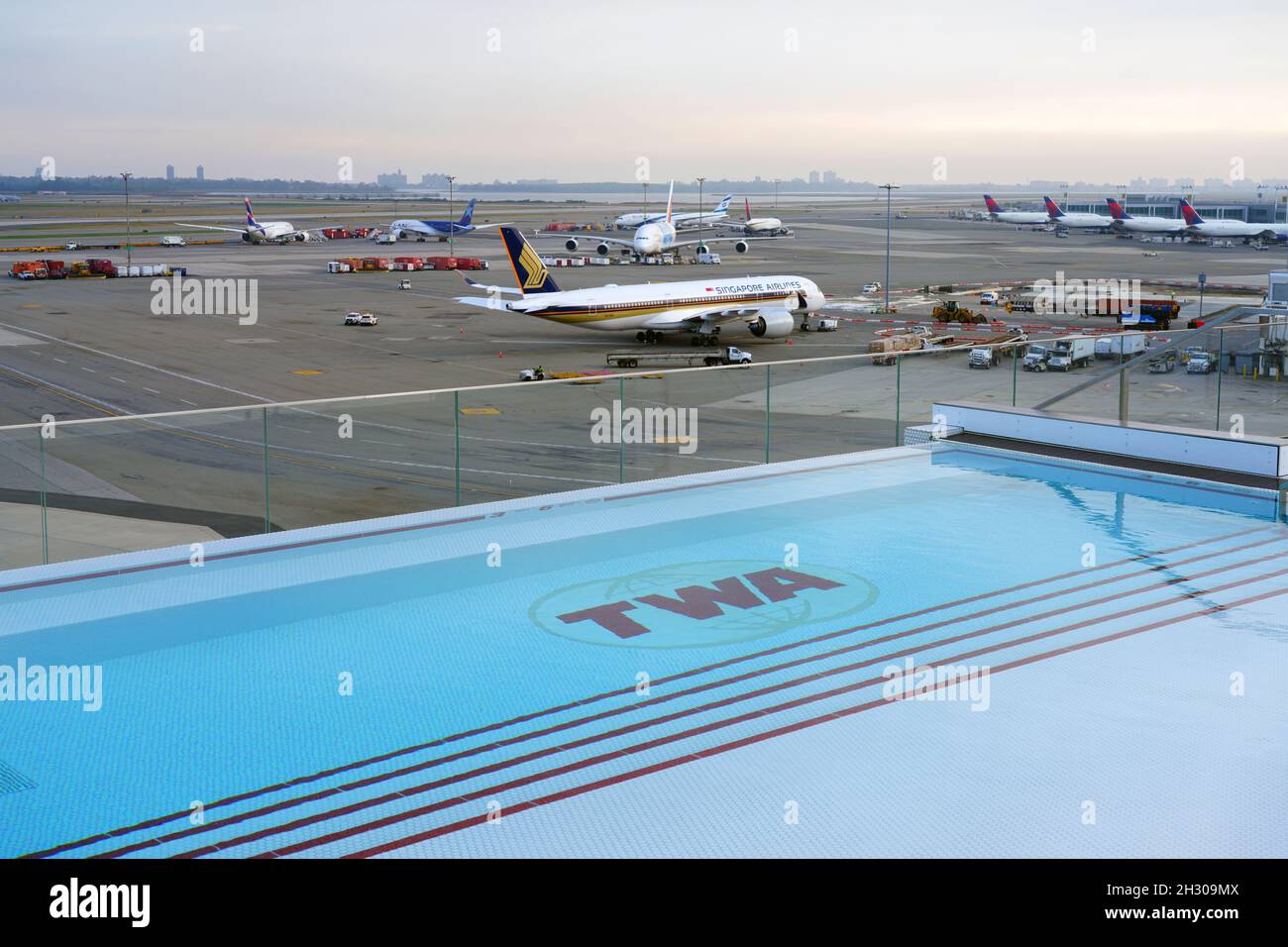 NEW YORK -8 OCT 2021- View of the swimming pool on the roof of the TWA ...