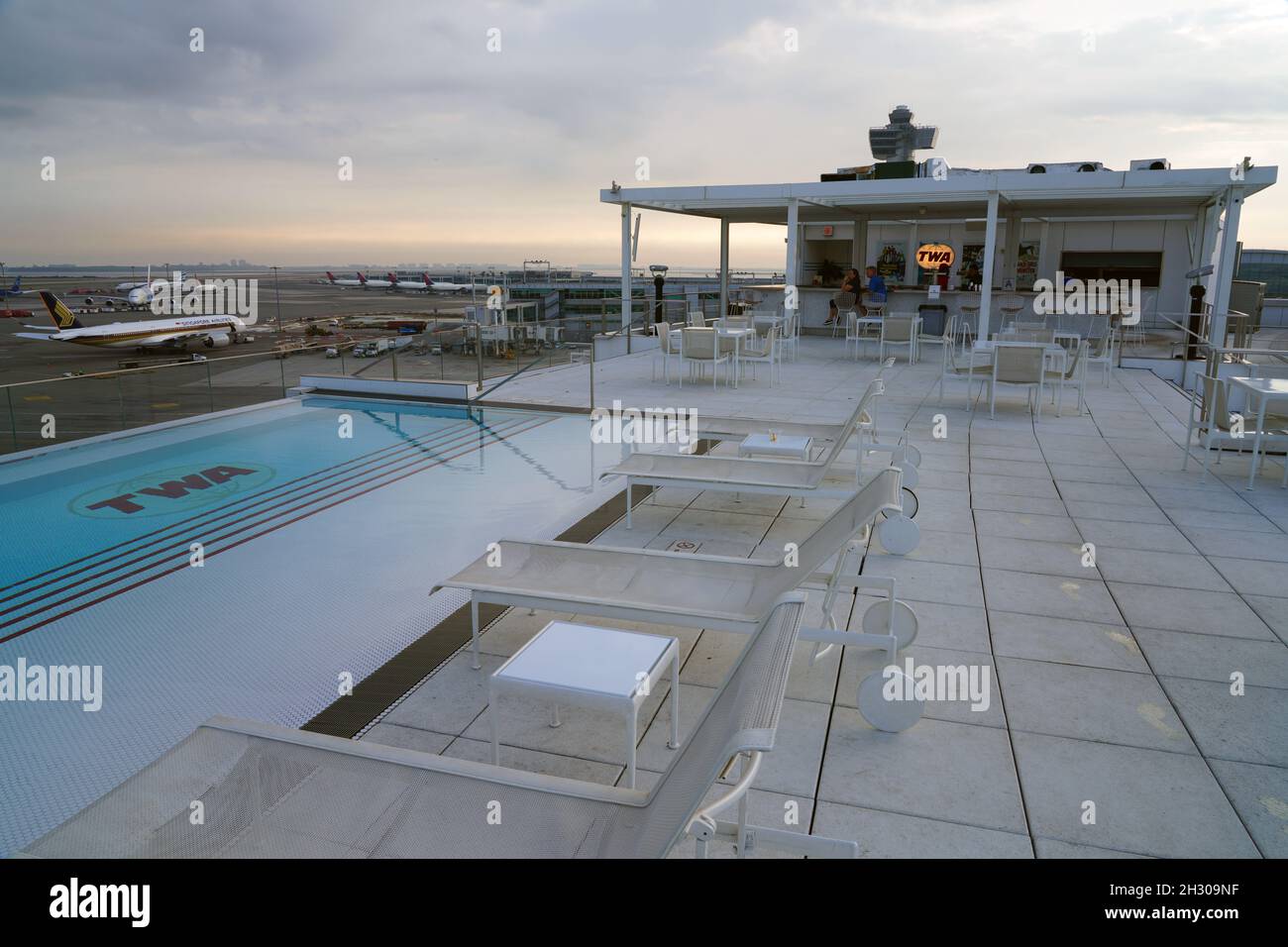 NEW YORK -8 OCT 2021- View of the swimming pool on the roof of the TWA ...