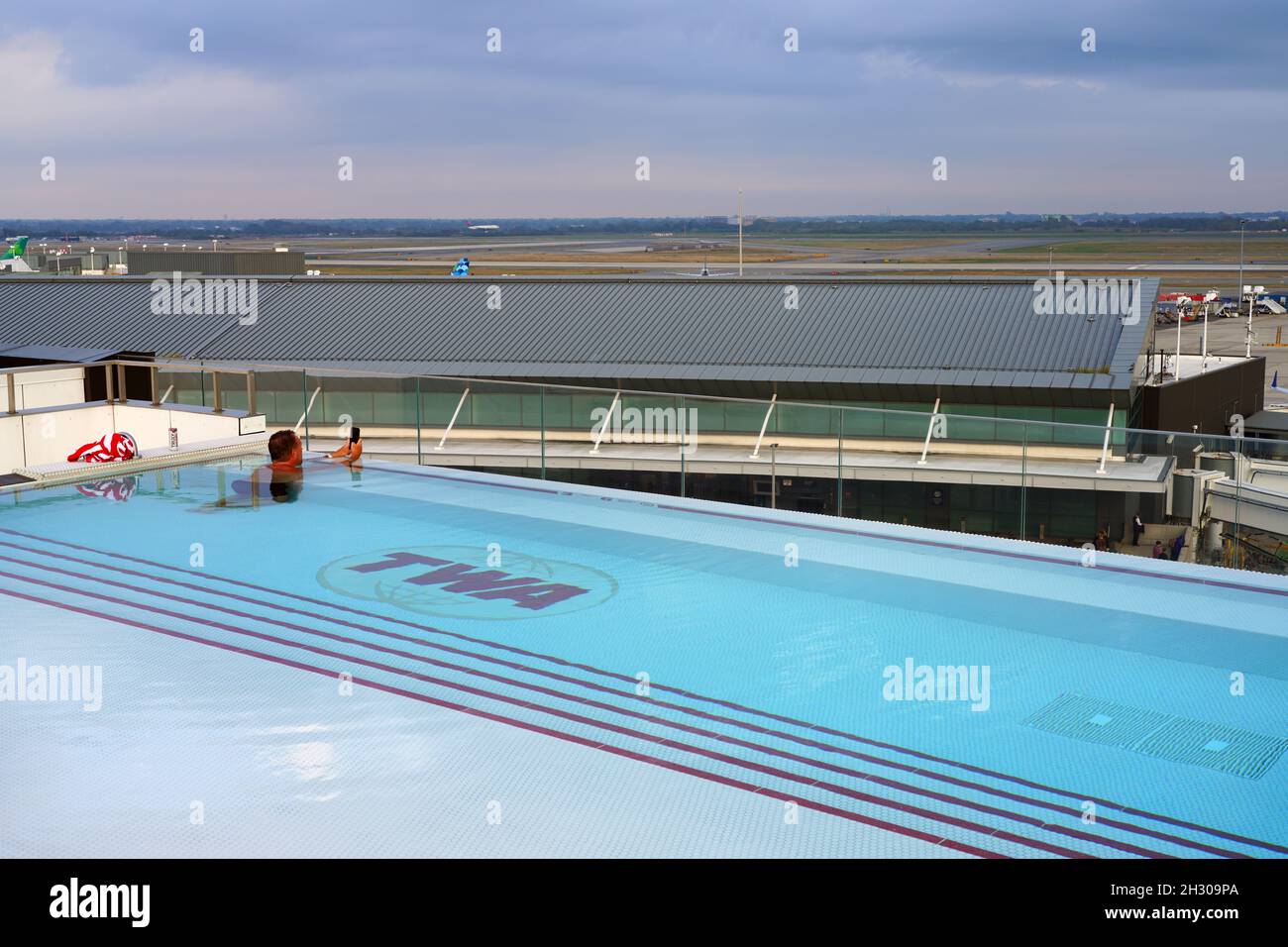 NEW YORK -8 OCT 2021- View of the swimming pool on the roof of the TWA ...