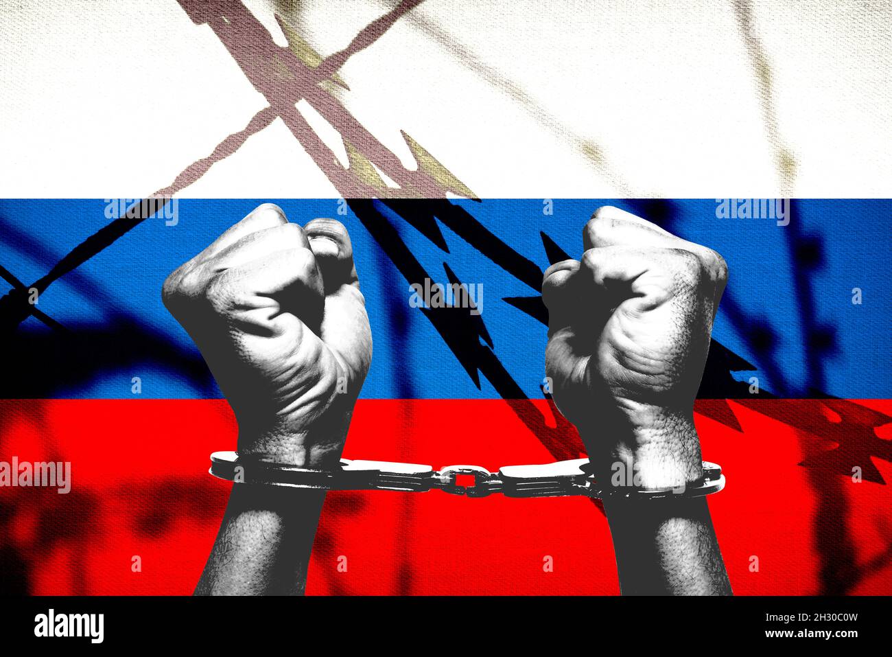 Flag of Russia, handcuffs and barbed wire Stock Photo - Alamy