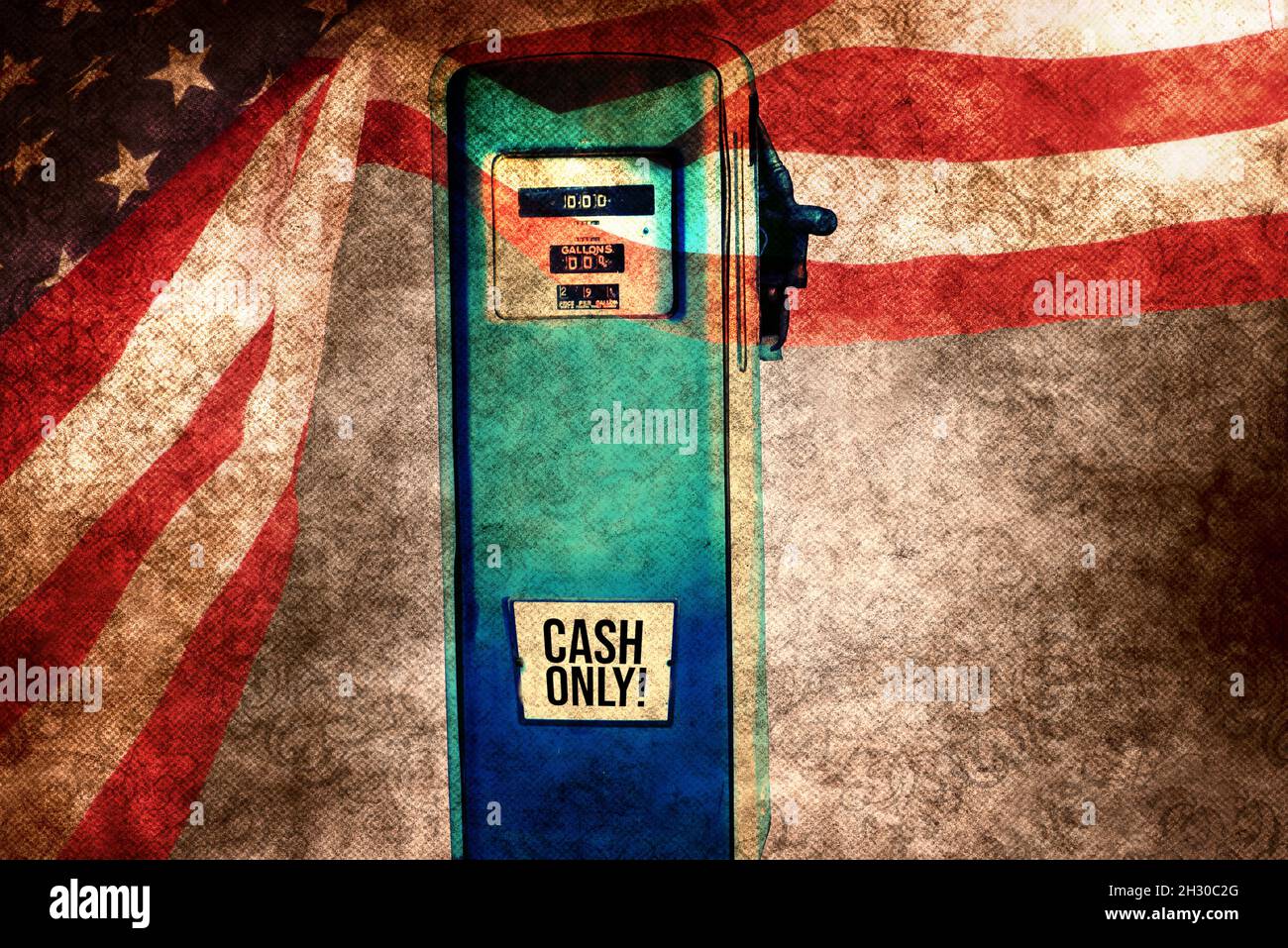 Flag of America and an old gas station Stock Photo - Alamy