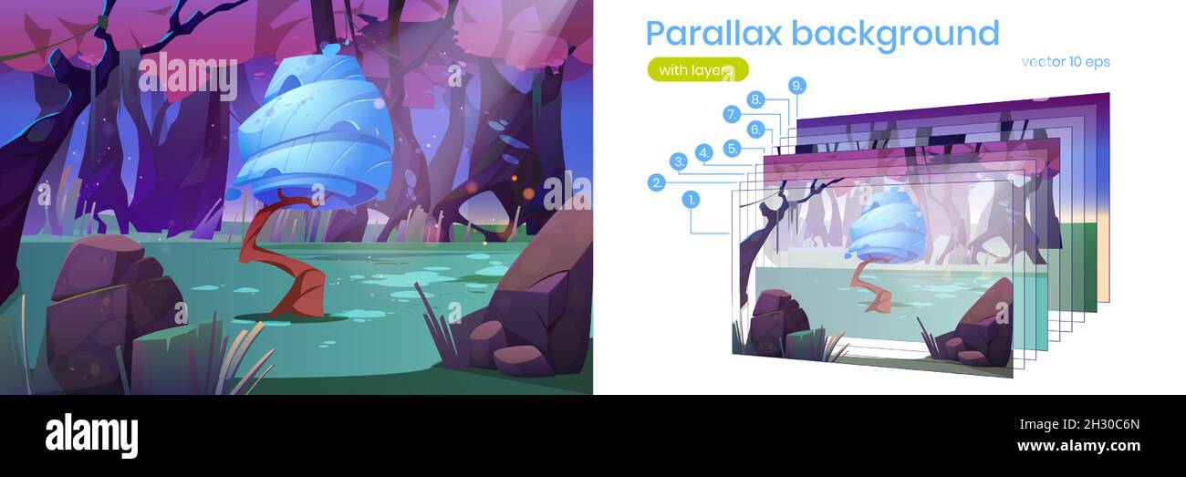 Parallax background 2d landscape with funny fantasy tree in magic ...
