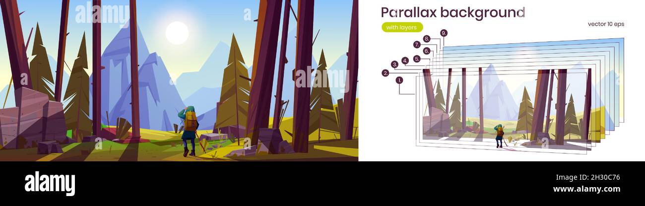 Parallax background traveler at forest with mountains view 2d scenery ...