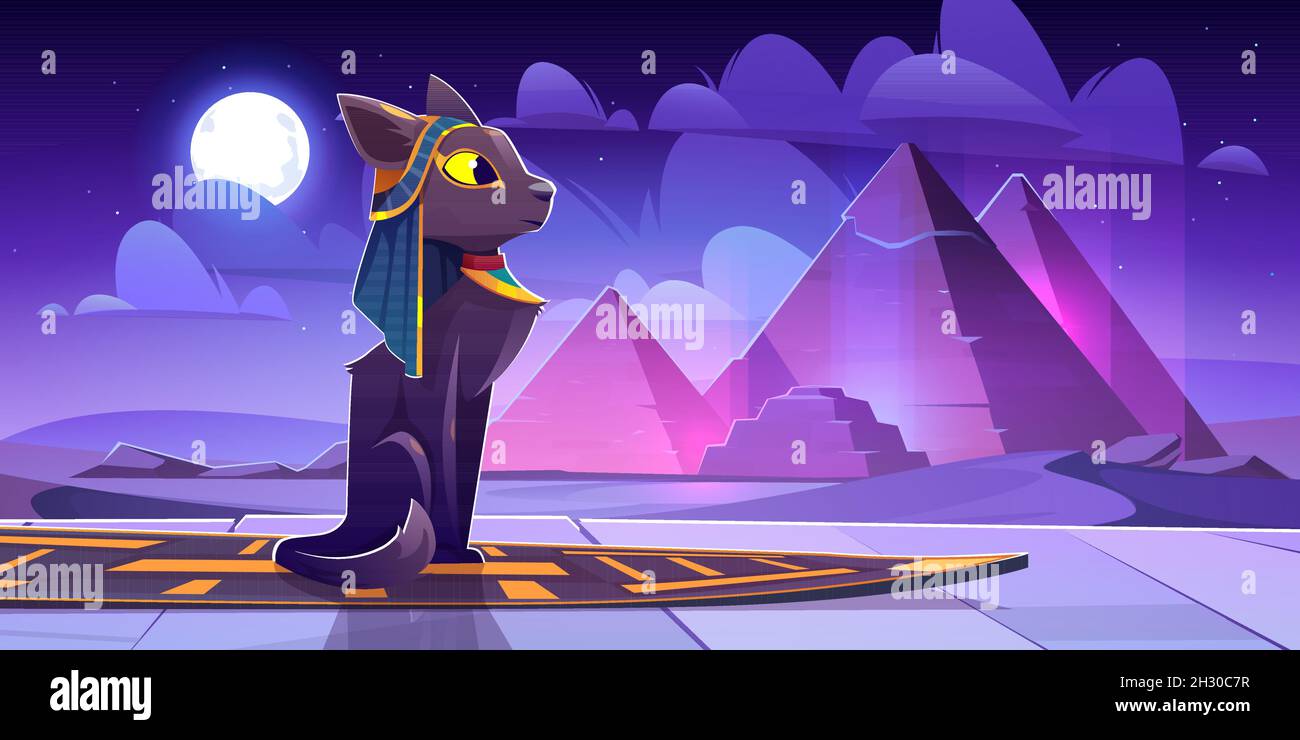 Egyptian goddess Bastet in desert with ancient pyramids at night ...