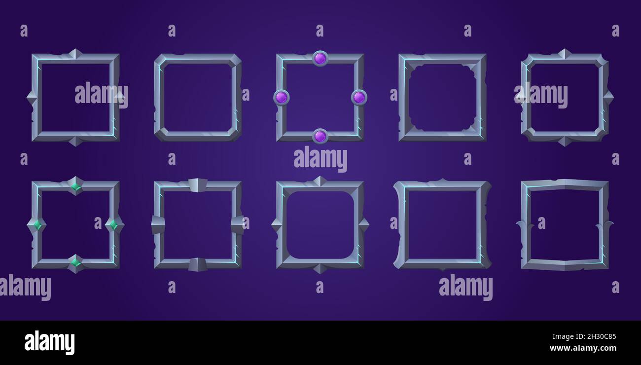 Set of square ui game frames, textured medieval jagged metal borders ...