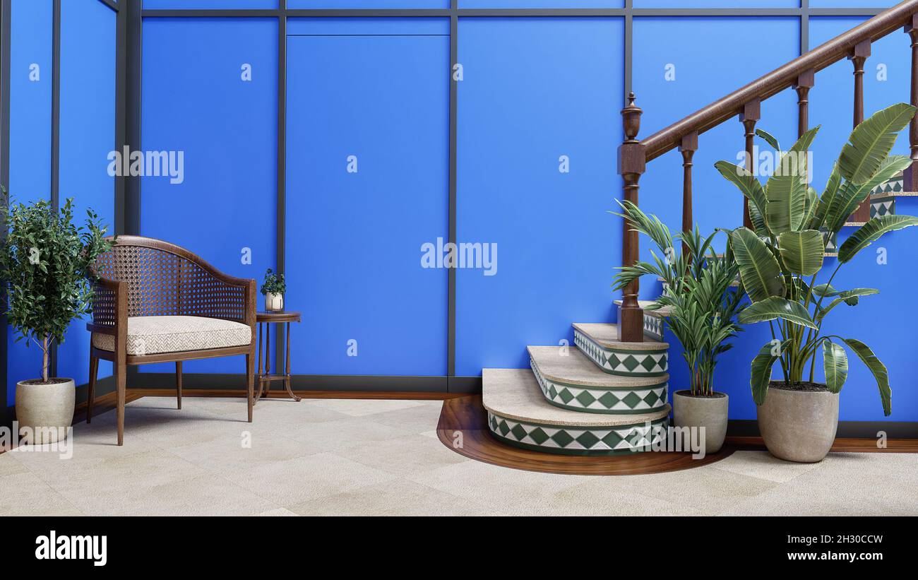 staircase lobby with chair blue wall and plant Stock Photo - Alamy