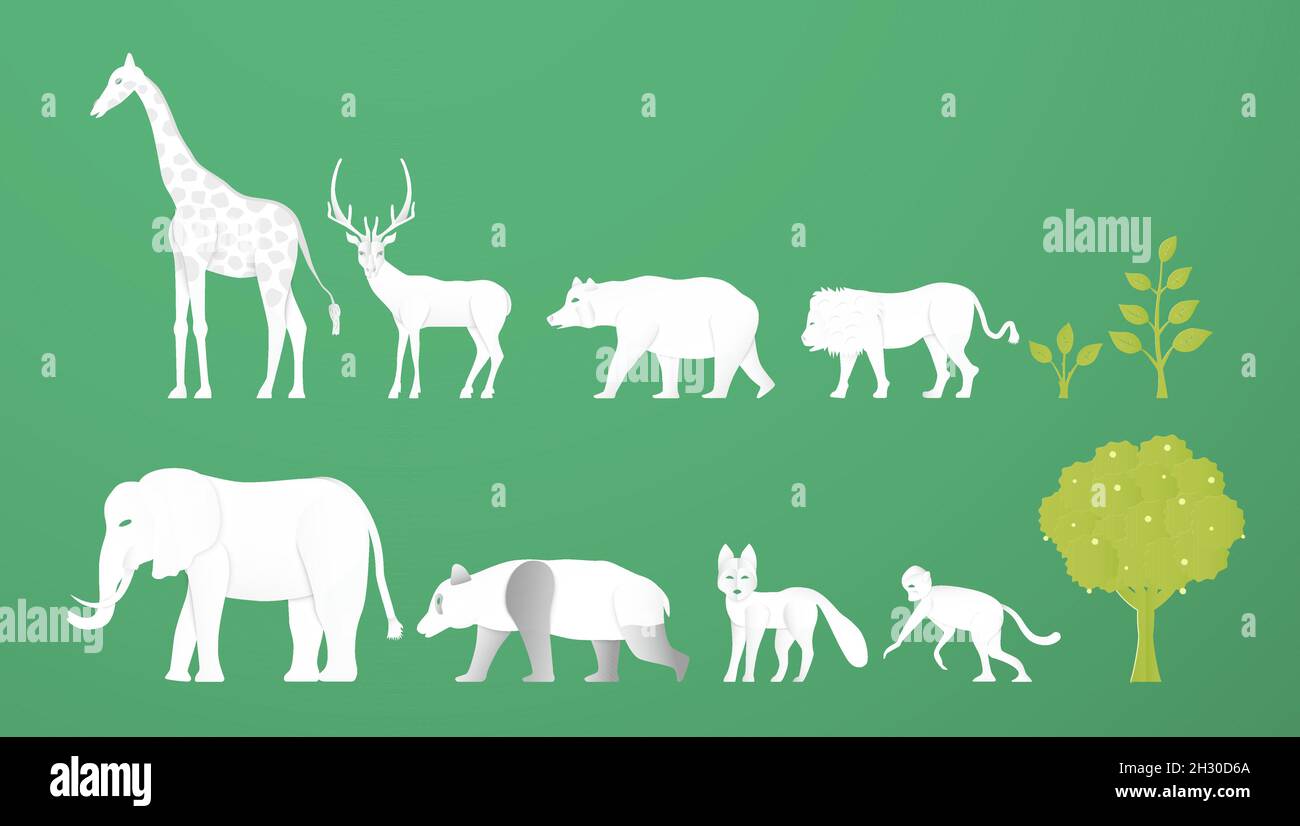 Wildlife animals. Minimalism deign in paper cut and craft style. Art ...