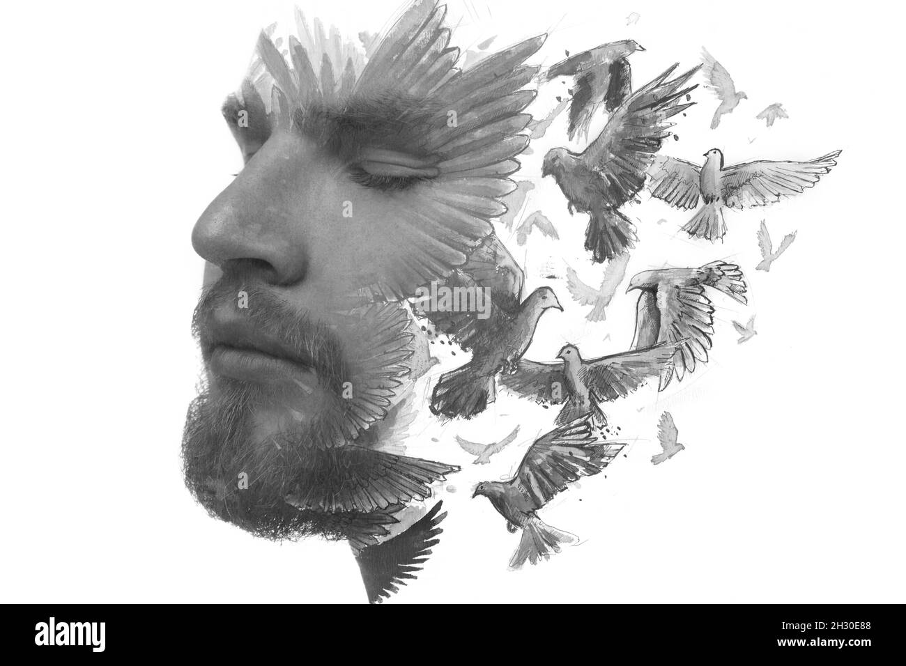 A black and white portrait of a handsome man combined with a painting ...