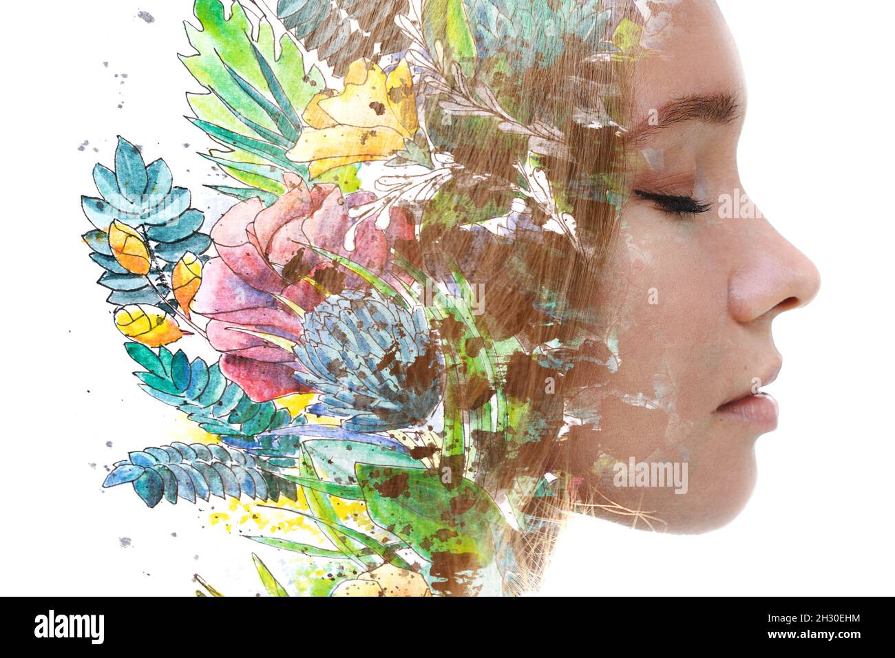 A profile portrait of a woman combined with a painting of leaves and ...