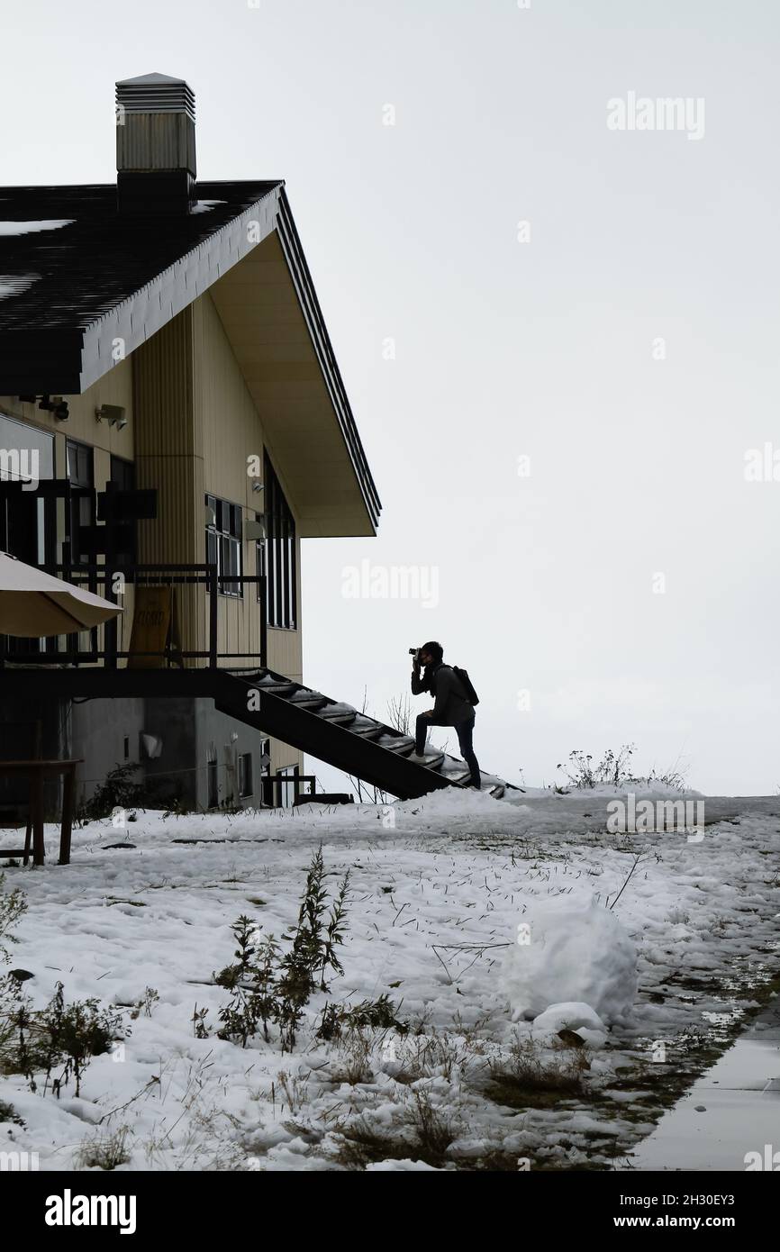 Nagano, Japan, 2021-24-10 , Tourist taking pictures at the Ryuoo Sora ...
